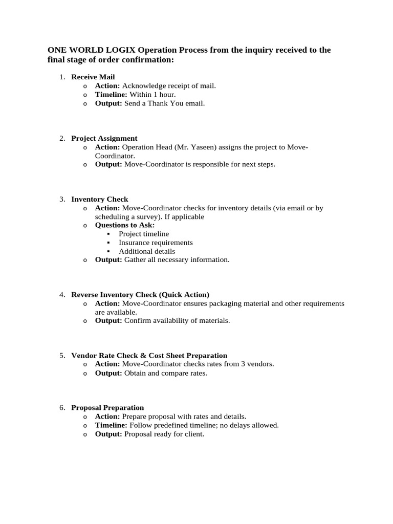 ONE WORLD LOGIX Operation Process From The Inquiry Received To The ...