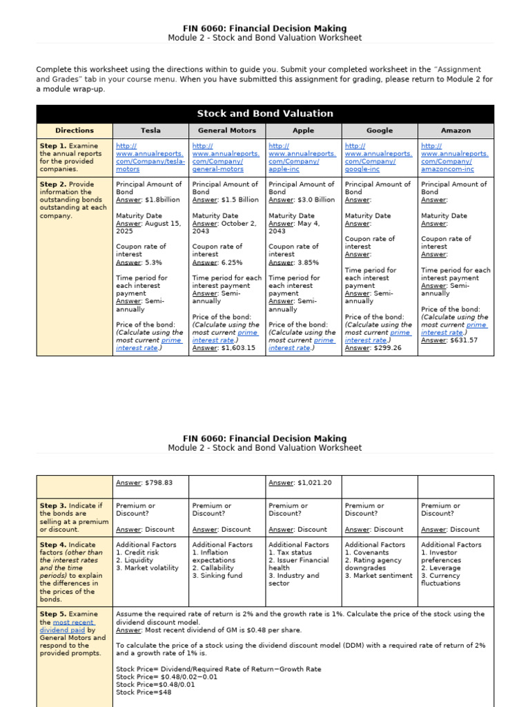 FIN 6060 Module 2 Worksheet | PDF