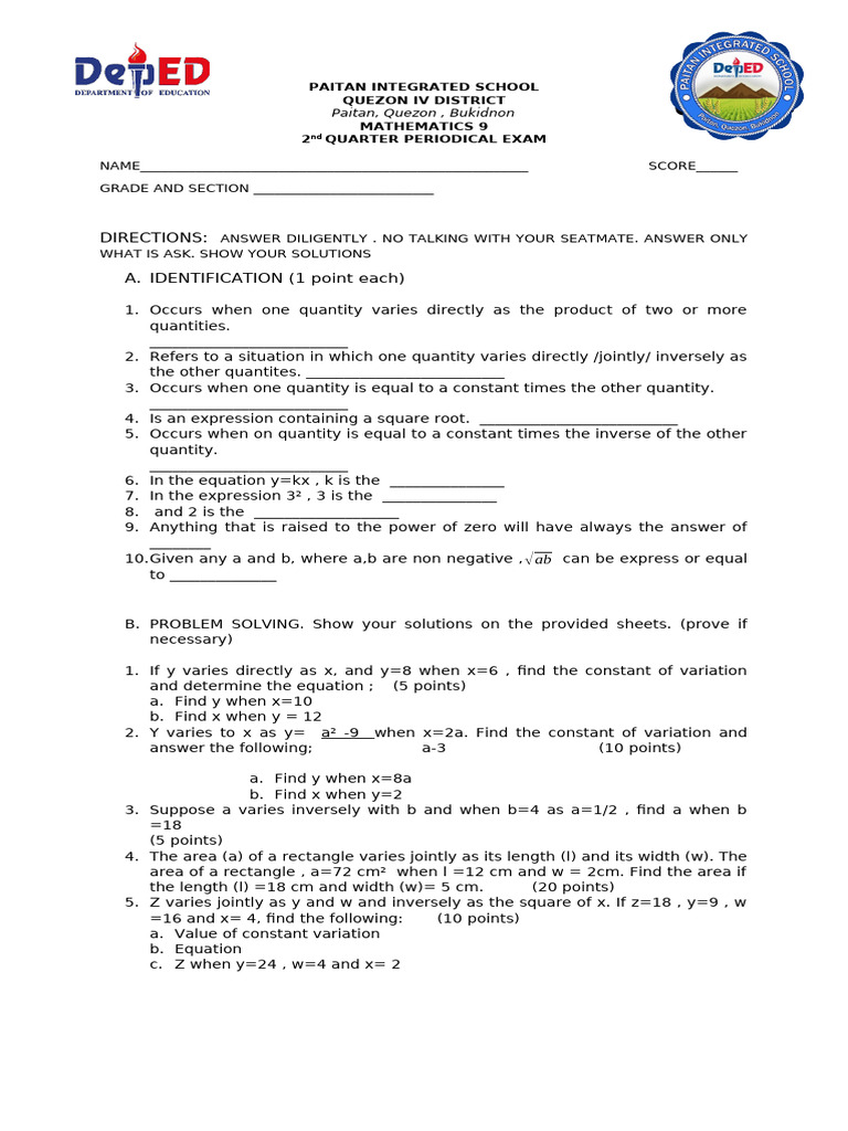 math 2nd quarter exam grade 9 | PDF
