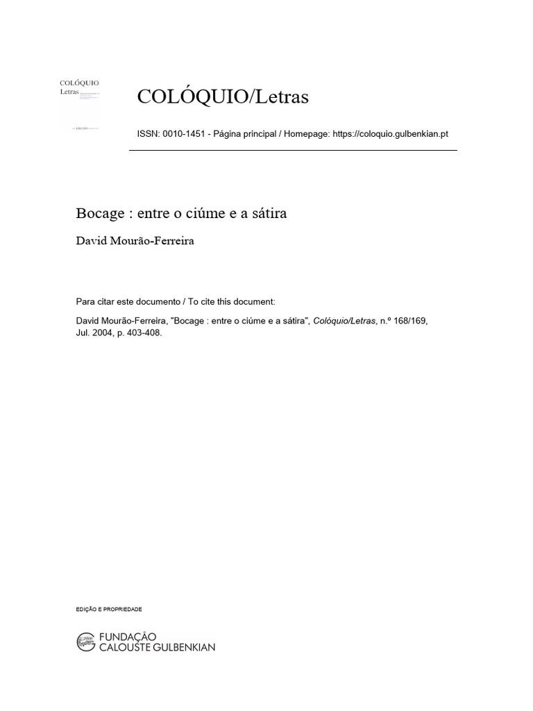David Mourão Ferreira - Bocage Entre o Ciúme e A Sátira | PDF