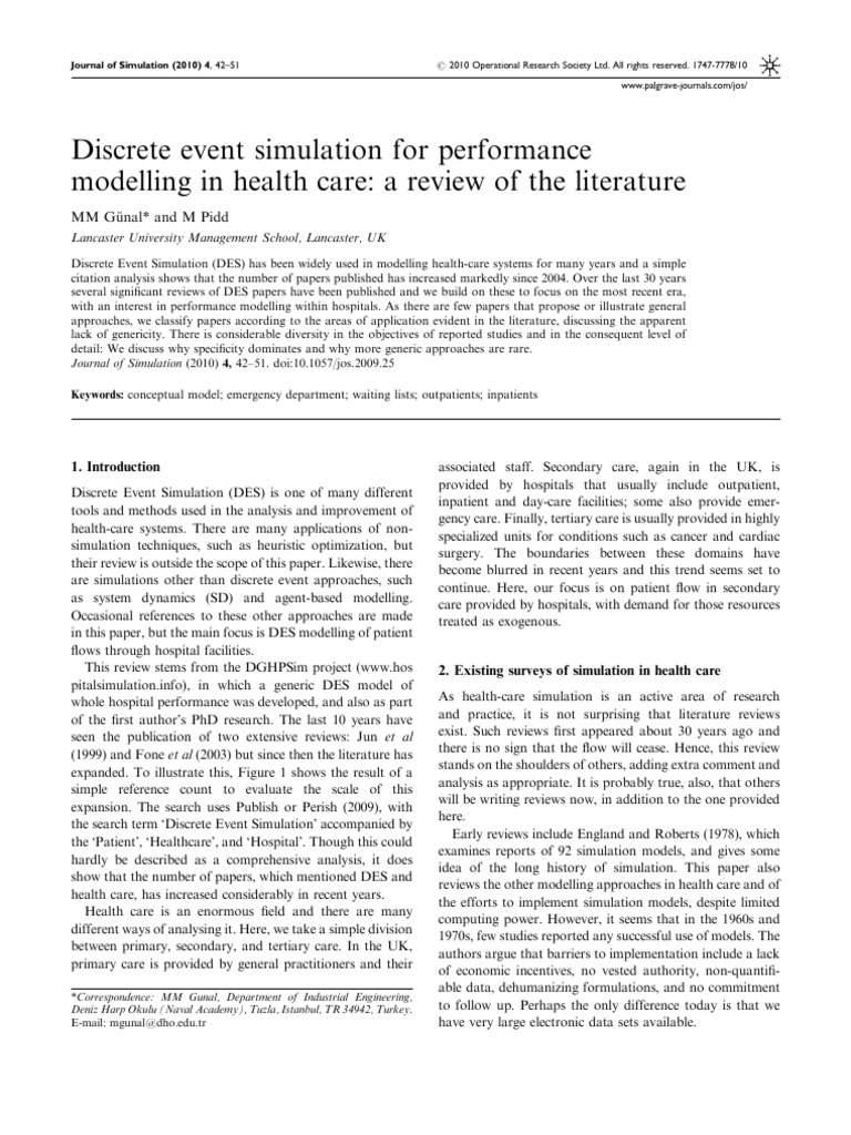 2010 Discrete Event Simulation For Performance Modelling In Health