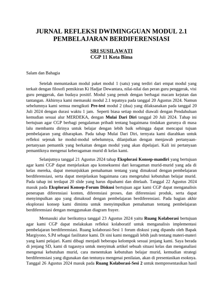 JURNAL REFLEKSI DWIMINGGUAN MODUL 2.1 Pembelajaran Berdiferensiasi | PDF