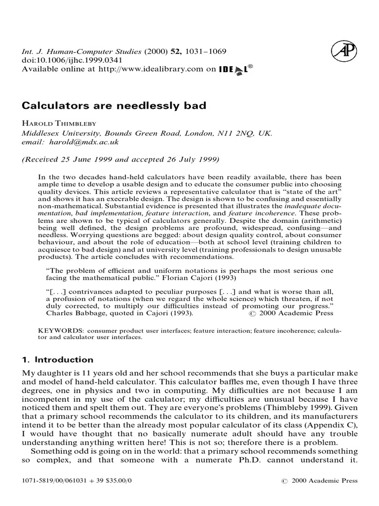 (THIMBLEBY, 1999) Calculators Are Needlessly Bad | PDF