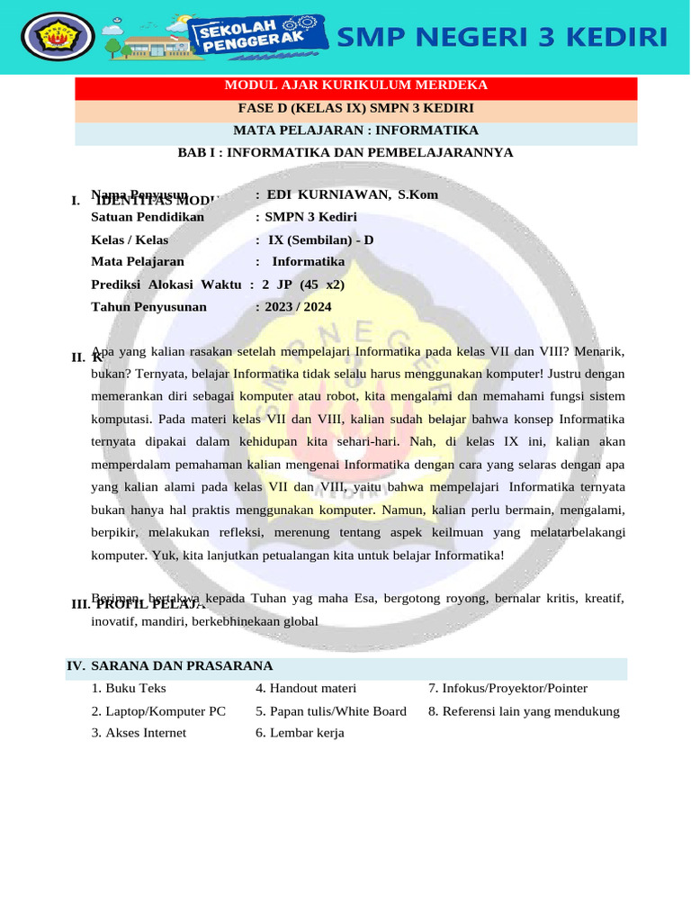 Modul Ajar Informatika Kelas 9 Semester 1 Kurikulum Merdekan | PDF