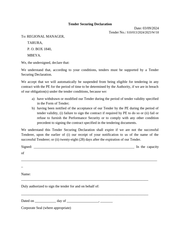 Tender Securing Declaration TARURA | PDF
