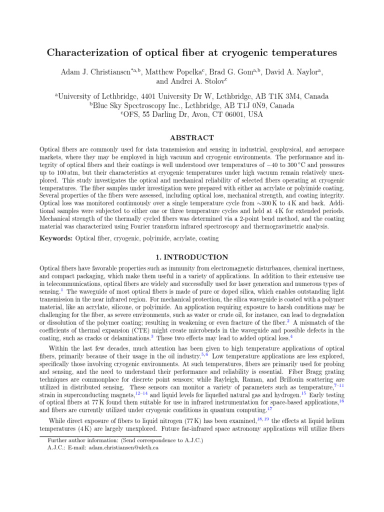 Characterization of Optical Fiber at Cryogenic Temperatures | PDF