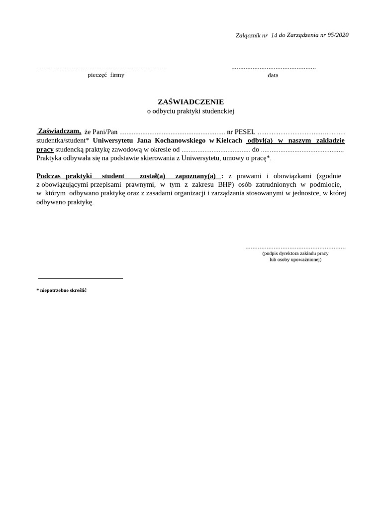 Zaswiadczenie o Odbyciu Praktyki | PDF
