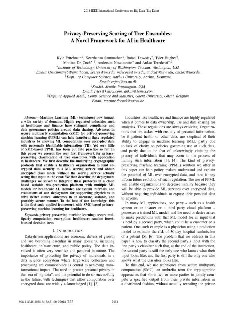 Privacy-Preserving Scoring of Tree Ensembles A Novel Framework For AI in Healthcare | PDF