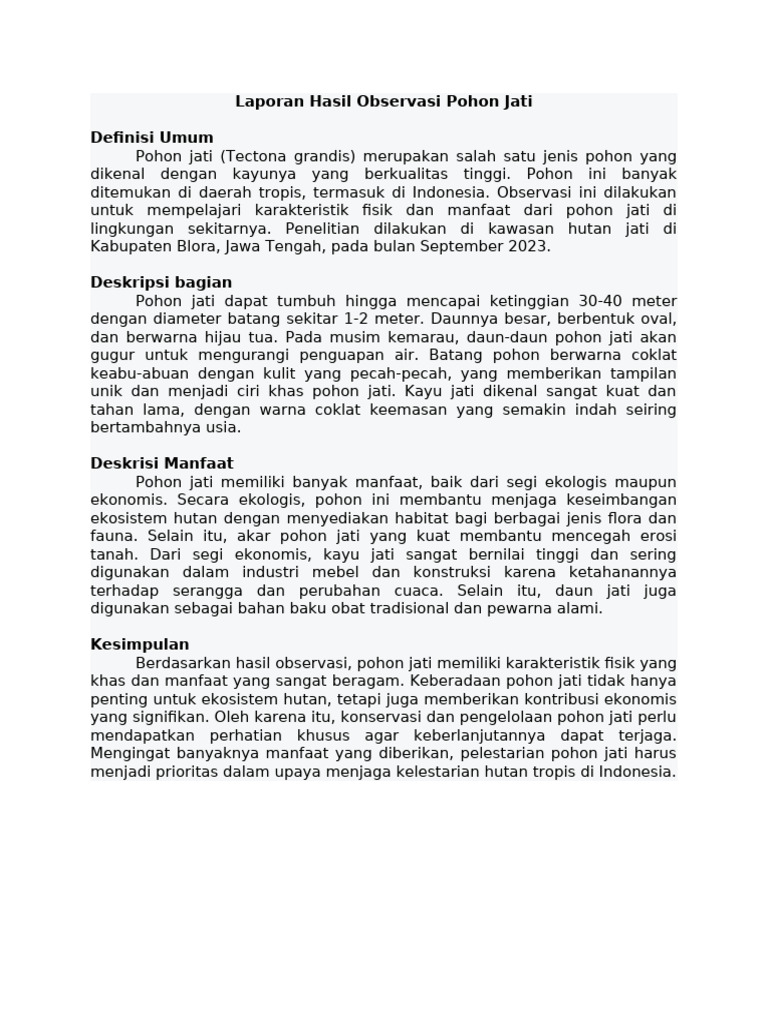 Laporan Hasil Observasi Pohon Jati | PDF