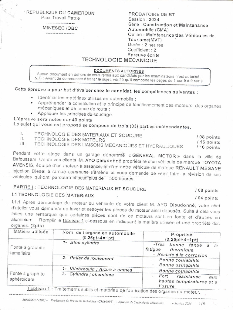 Corriger Techno Meca PT MVT 2024 | PDF