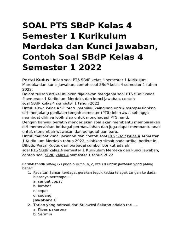 SOAL PTS SBDP Kelas 4 Semester 1 Kurikulum Merdeka Dan Kunci Jawaban | PDF