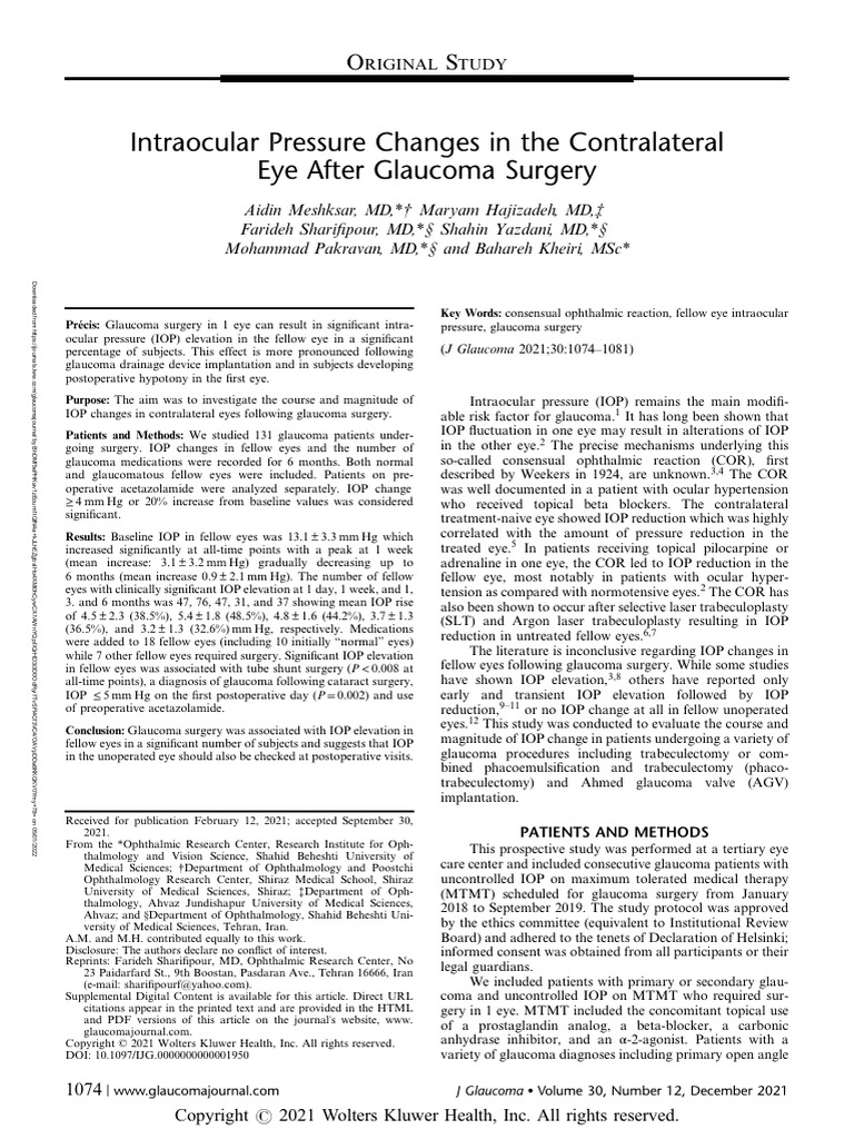 Intraocular Pressure Changes in The Contralateral Eye After Glaucoma ...