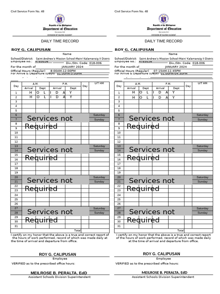 CSC Form 48 DTR Template | PDF