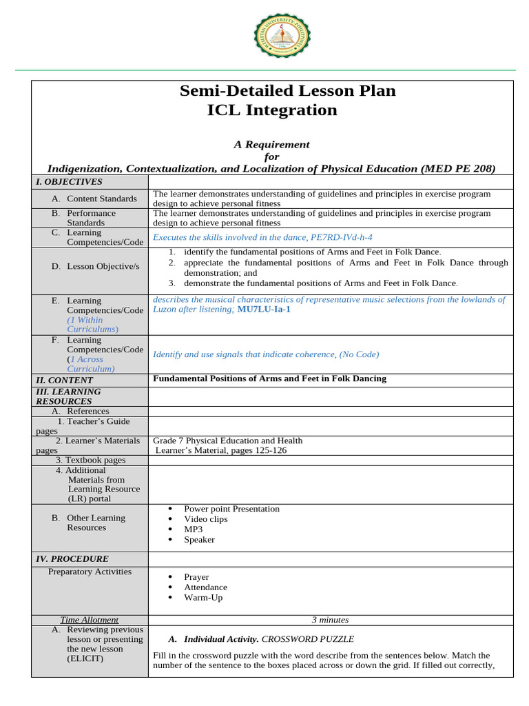 Individual Activity, ICL Lesson Plan | PDF | Physical Education | Learning