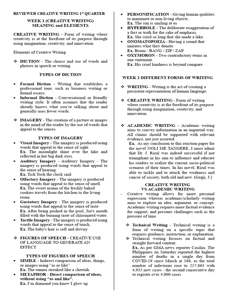 REVIEWER-CREATIVE-WRITING-1st-QUARTER AU-Plaridel Campus | PDF