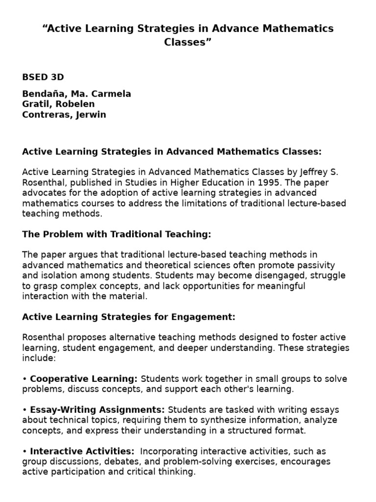 Active Learning Strategies in Advance Mathematics Classes | PDF