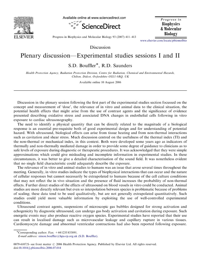 Plenary Discussion Experimental Studies - 2007 - Progress in Biophysics and Mol | PDF