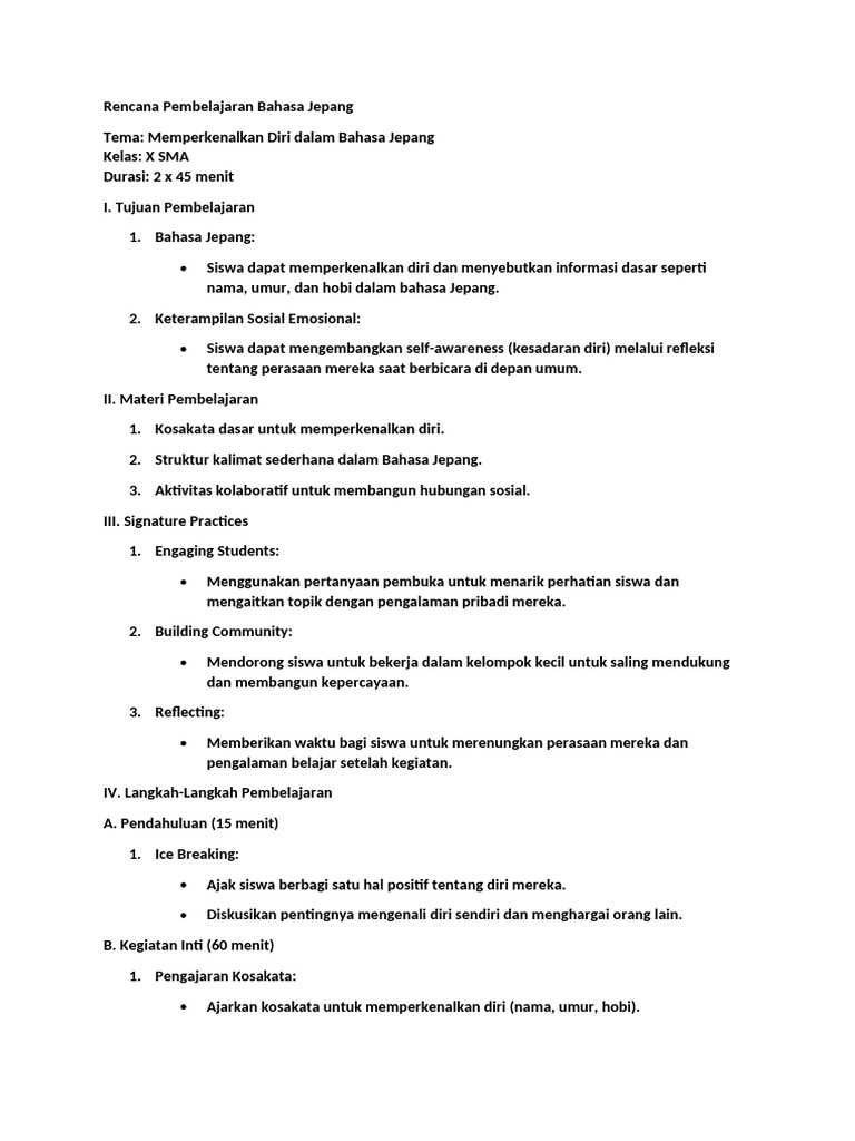 Rencana Pembelajaran Bahasa Jepang 1 | PDF