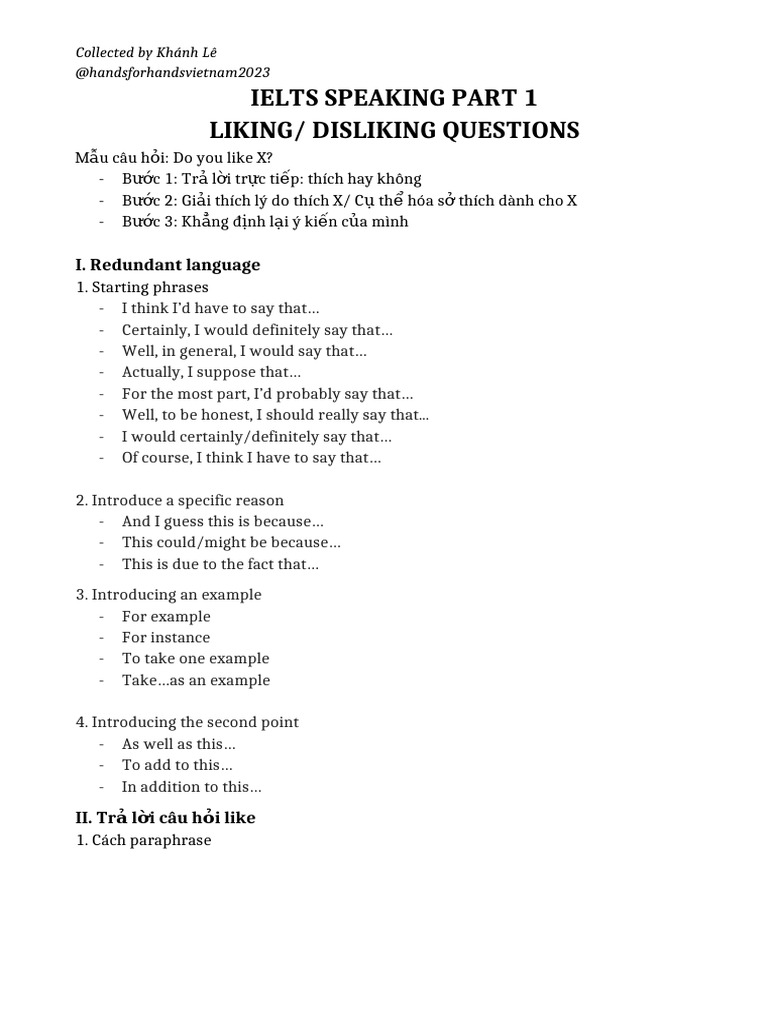 Liking - Disliking Questions - Speaking Part 1 | PDF