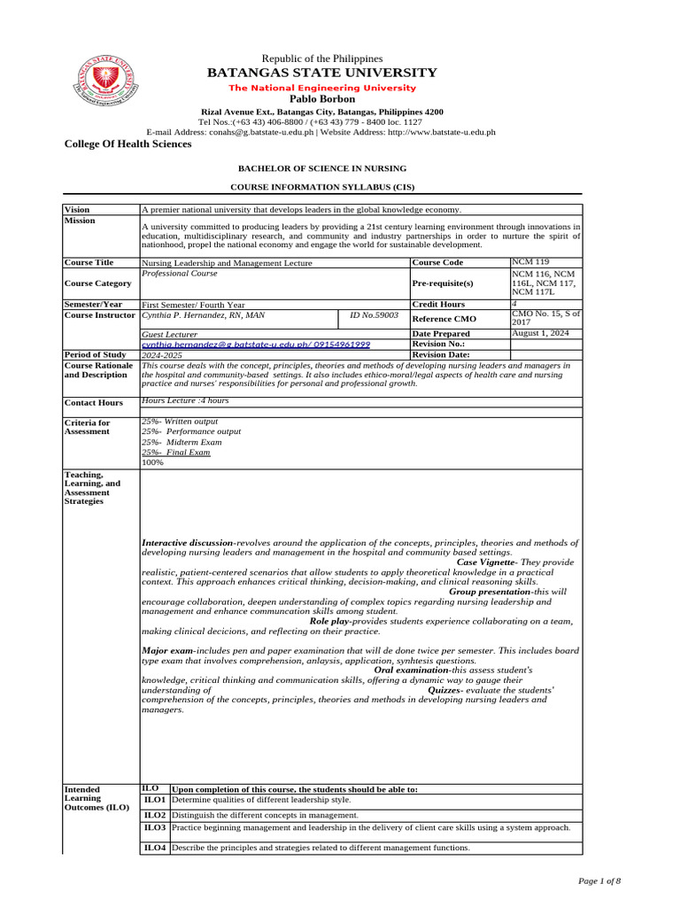 Syllabus Nursing Leadership and Management Hernandez 2024 Revised | PDF