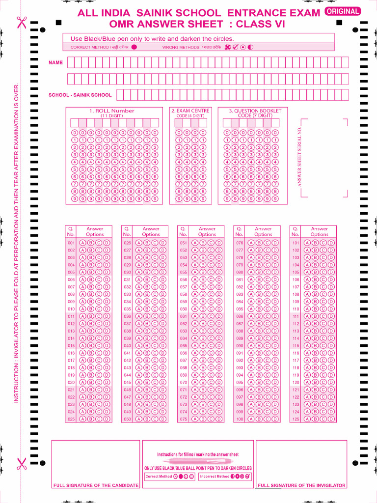 Sainik School OMR Sheet 2022 | PDF