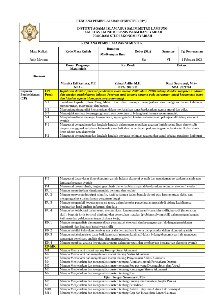 RPS Fiqih Mawaris | PDF