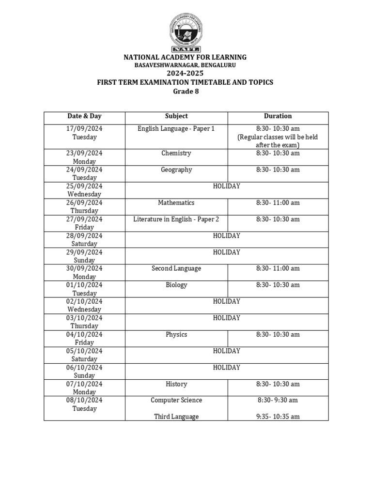 Revised_Grade_8-Term_1_Exam_TT_and_Topics_380914028_1724814310 (1) | PDF