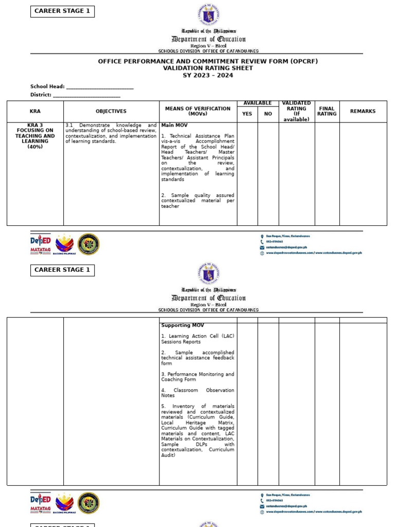 KRA-3-CS1_RATING-SHEET-FOR-THE-VALIDATION-OF-SHs-OPCRF-SY-2023-2024-2-Copy | PDF