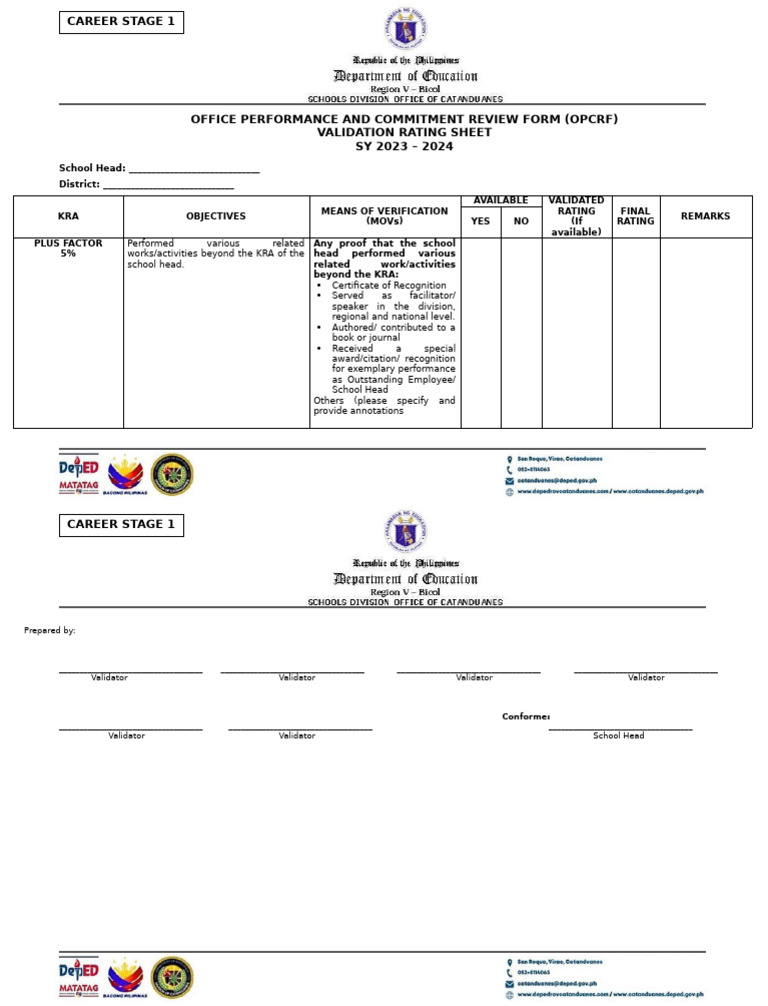 PLUS FACTOR CS1 - RATING SHEET FOR THE VALIDATION OF SHs OPCRF SY 2023 2024 5 | PDF