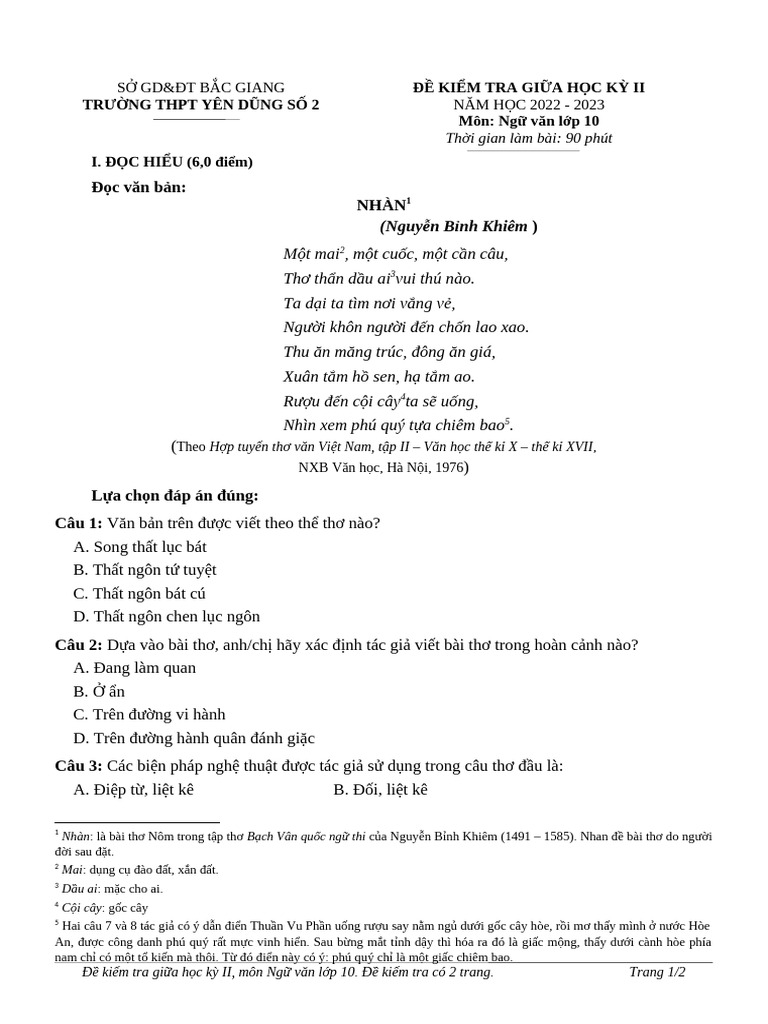 De Kiem Tra Giua Ky 2-Ngu Van 10 | PDF