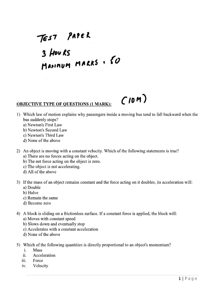 Force and Laws of Motion Test Paper | PDF