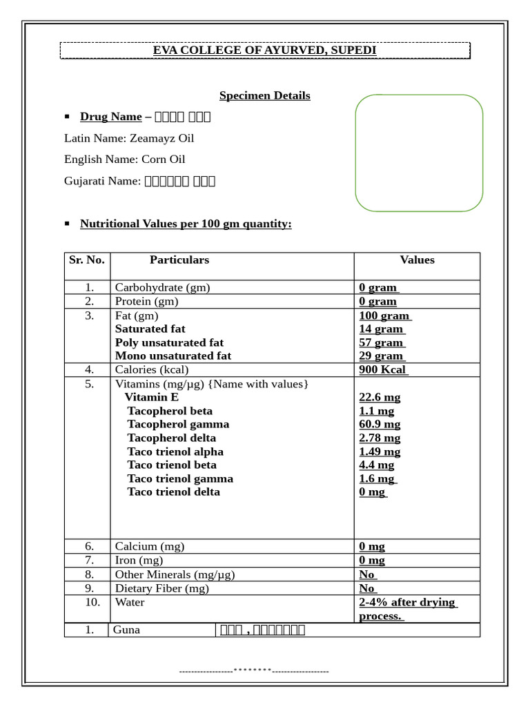 Specimen Department Format Corn Oil. | PDF