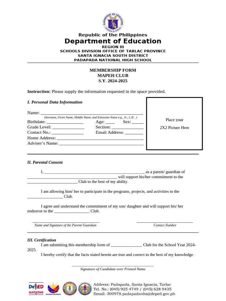 Membership-Form Mapeh Club | PDF