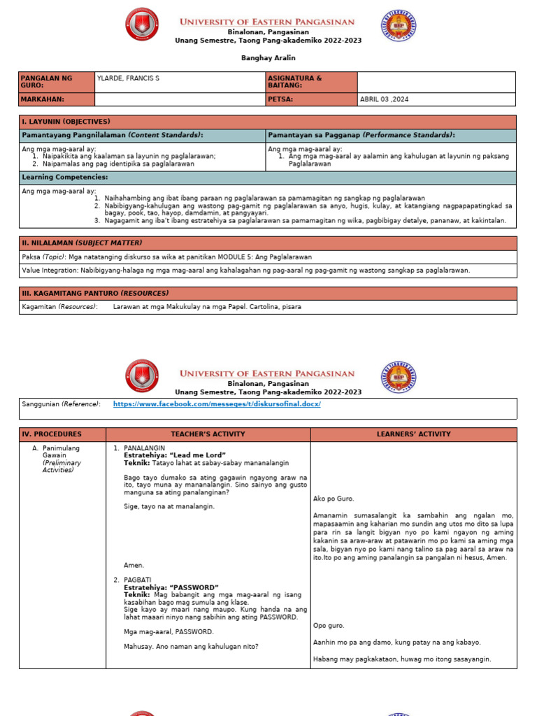 Lesson Plan FIL 112 Paglalarawan | PDF