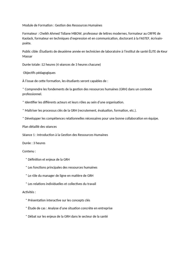 Module de Formation GRH M. Mbow | PDF