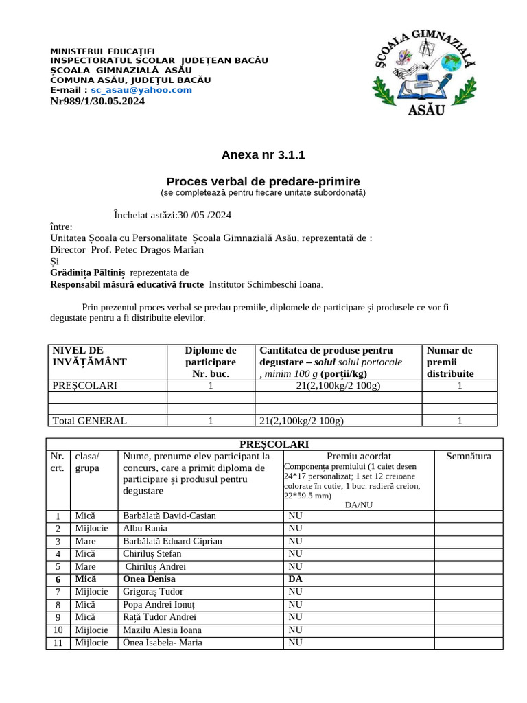 Anexa Nr. 3.1.1 PV Predare Primire Premii, Fructe-Legume Si Diplome Gradinita Paltinis FINAL | PDF