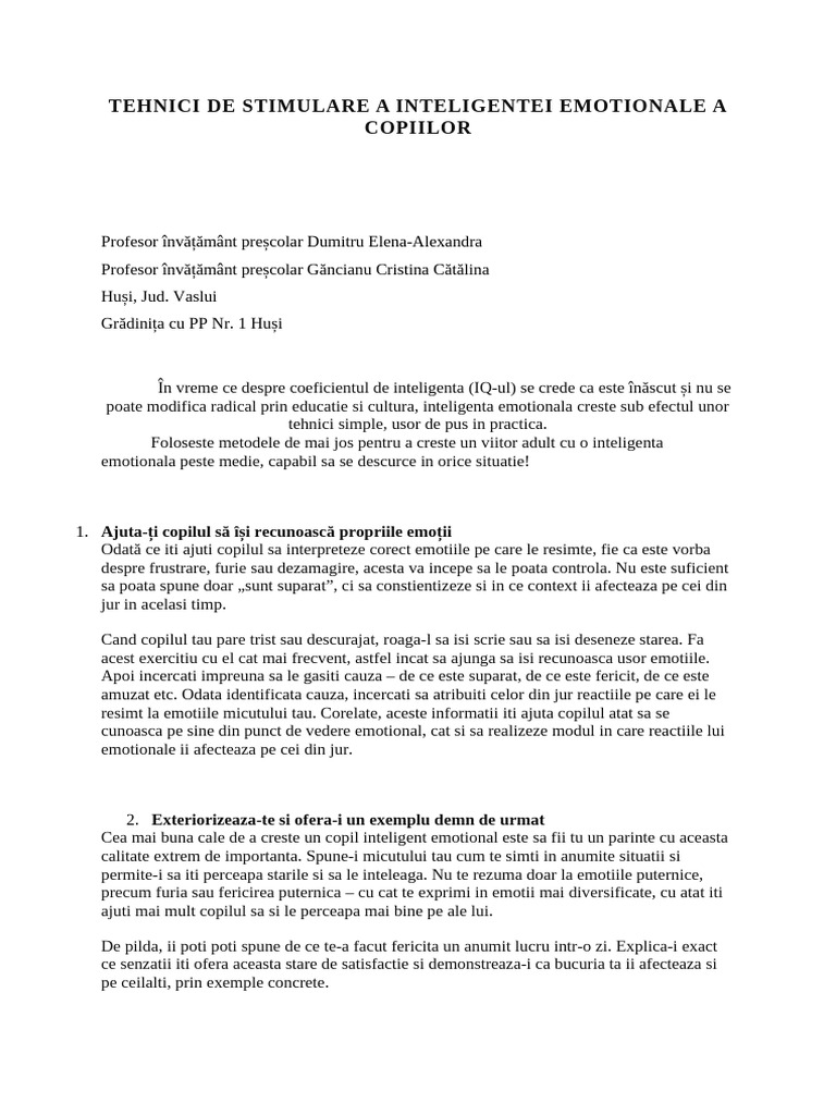 Tehnici de Stimulare A Inteligentei Emotionale A Copiilor | PDF