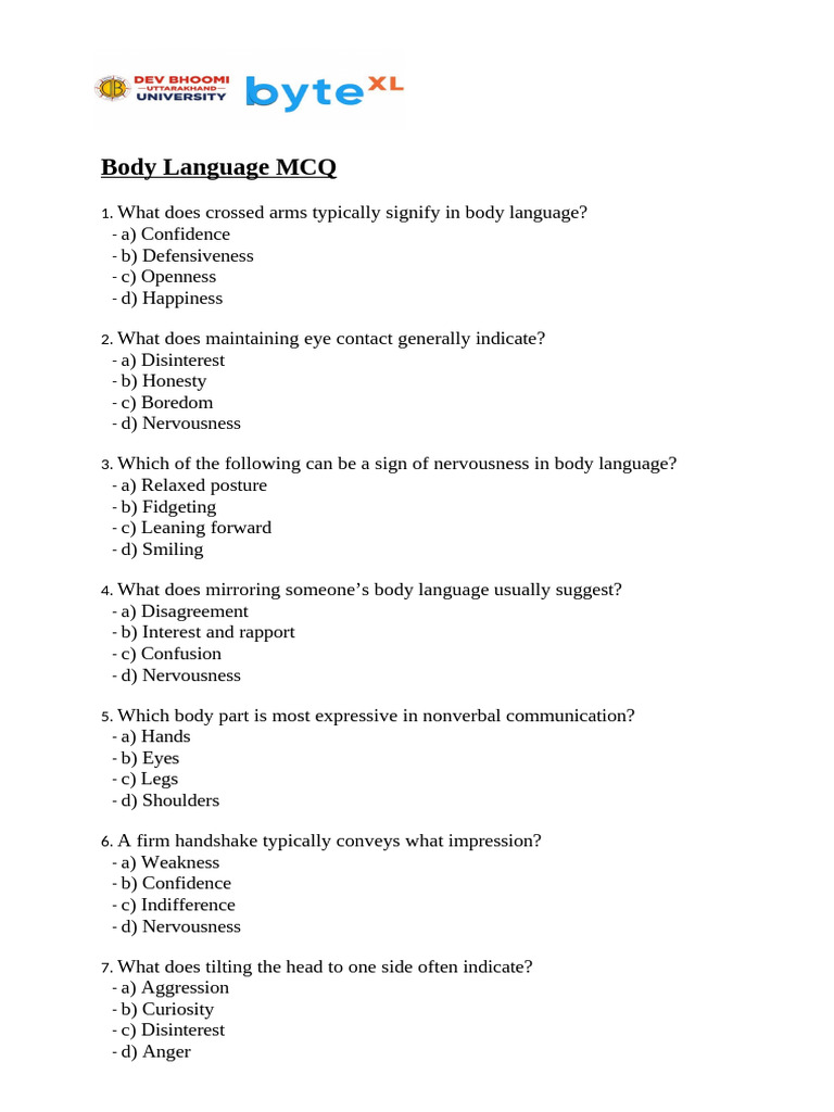 Body Language MCQ | PDF | Body Language | Nonverbal Communication