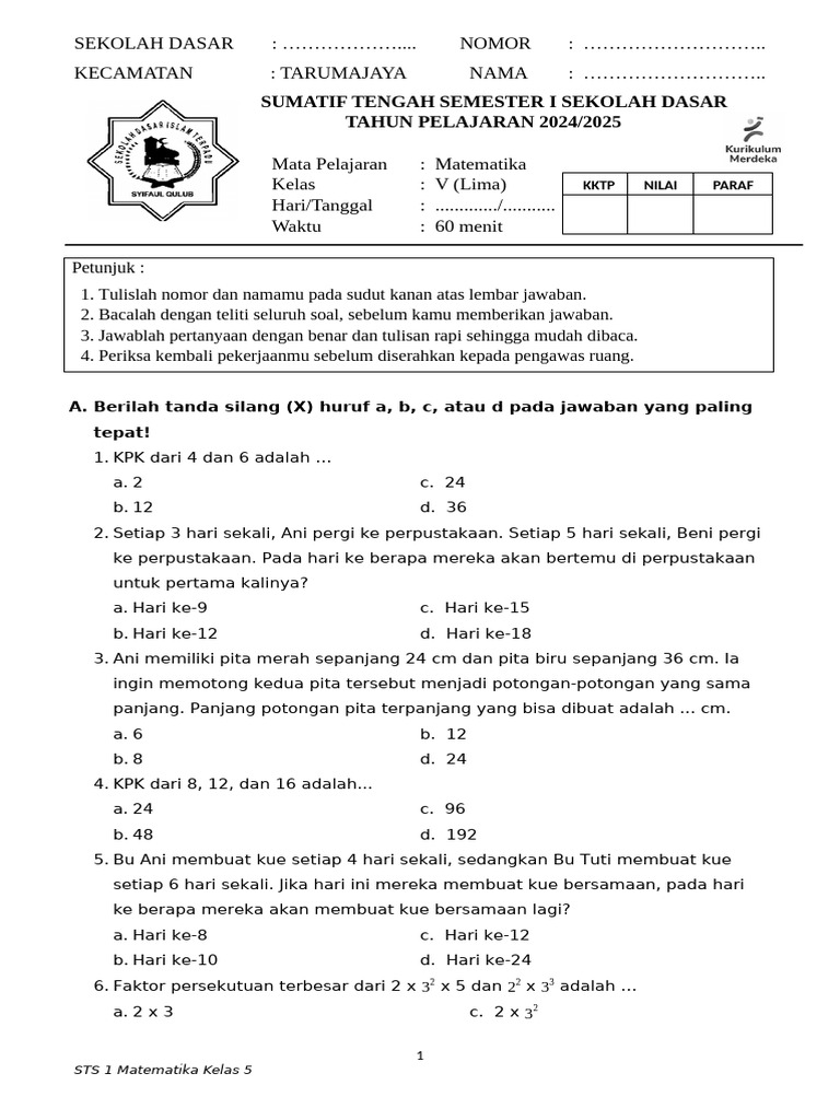 Soal STS Kelas 5 Semester 1 Kurmer | PDF