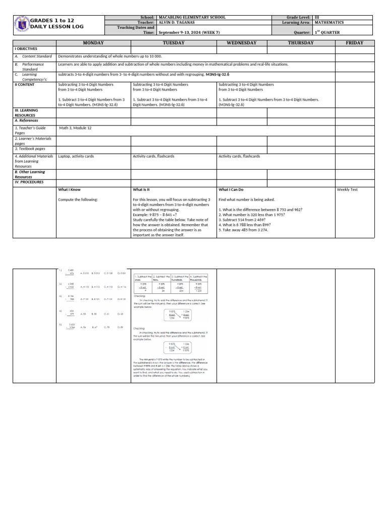 Grade 3 Math Subtraction Lesson Plan | PDF | Subtraction | Mathematics