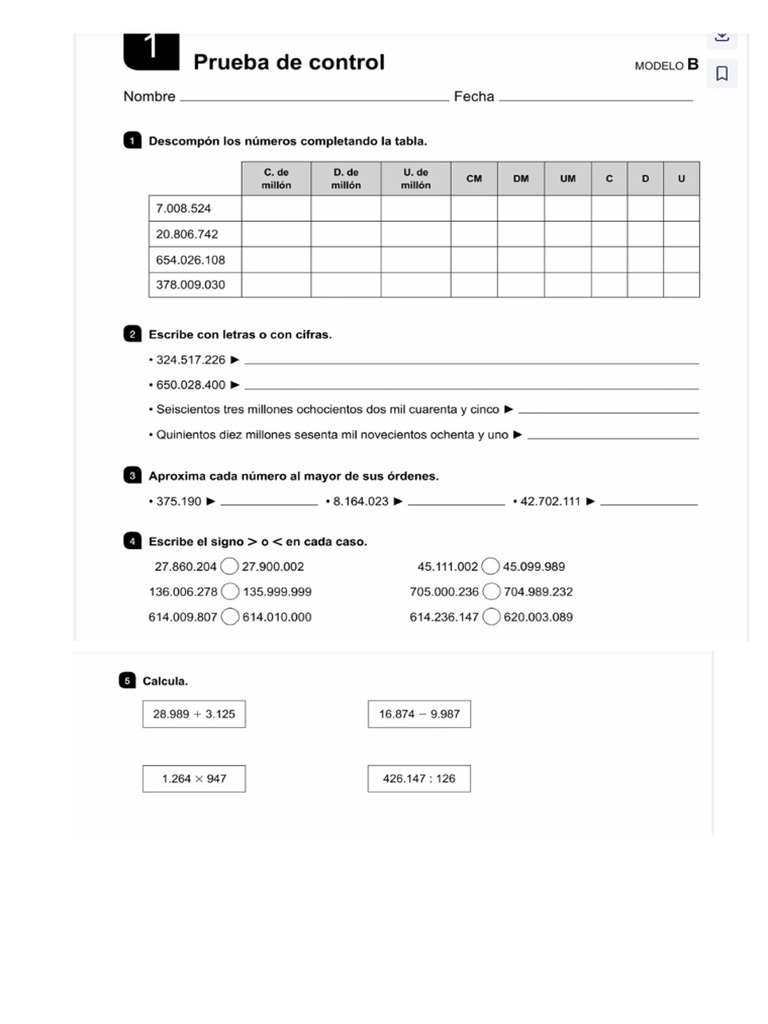 prueba de control tema 1 matemáticas | PDF