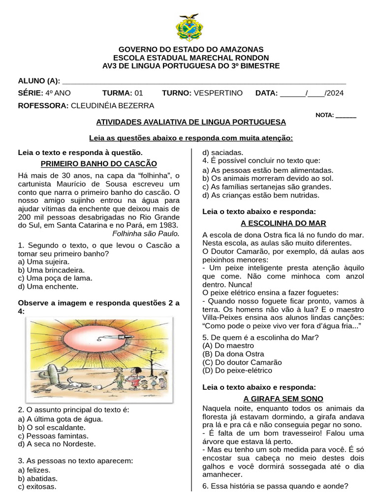 Prova de Português Av3 3º Bimestre | PDF