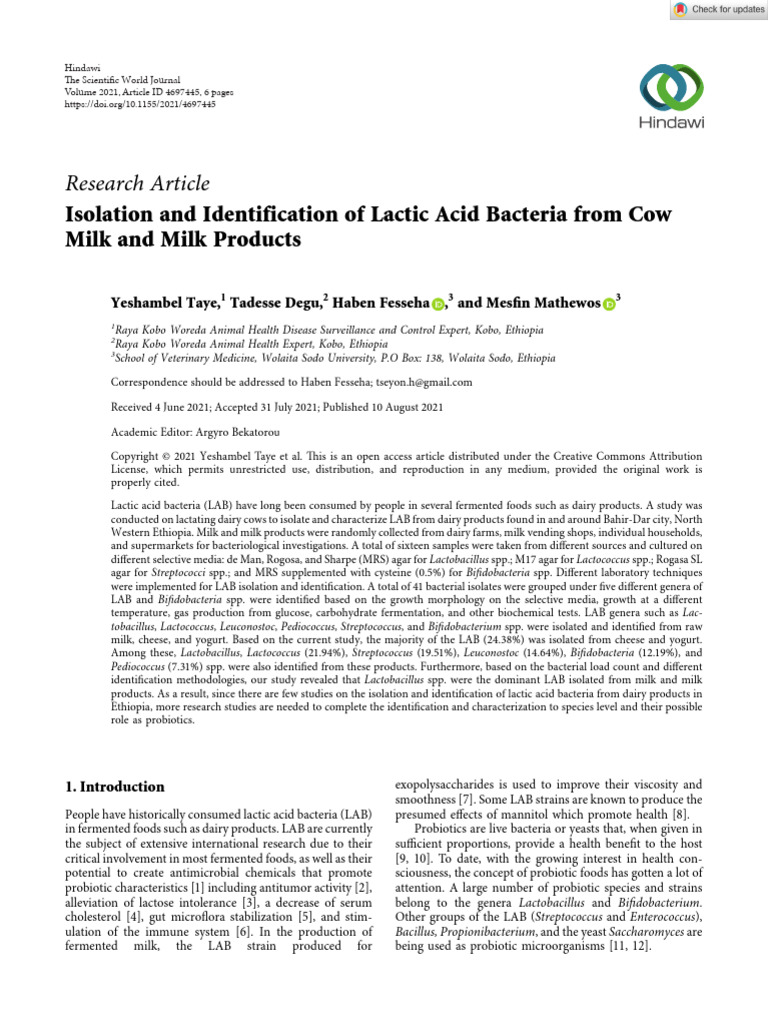 The Scientific World Journal - 2021 - Taye - Isolation and Identification of Lactic Acid ...