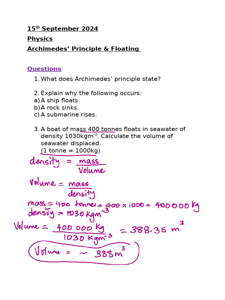 Physics Archimedes' Principle Questions | PDF