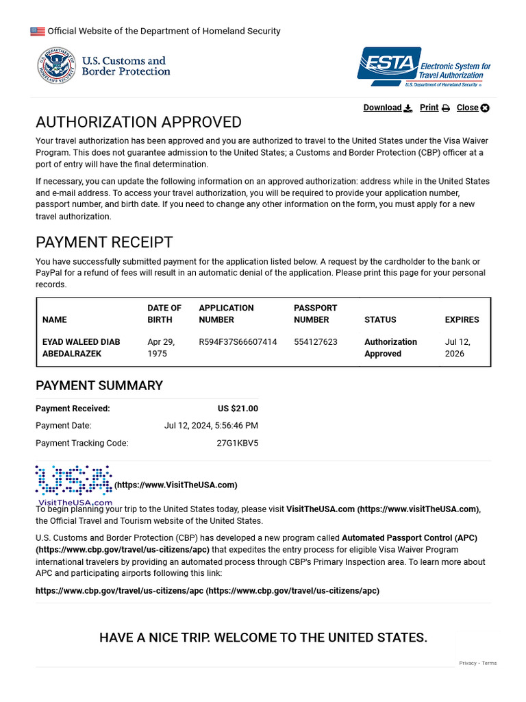 Official ESTA Application Website, U.S. Customs and Border Protection | PDF