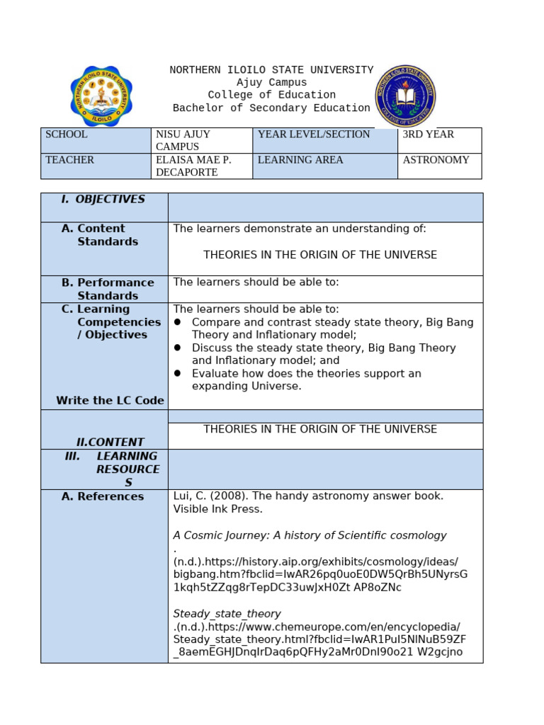 Theories in The Origin of The Universe LESSON PLAN | PDF