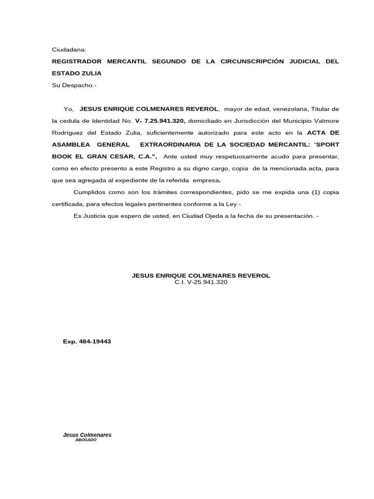 Acta de Asamblea 1 Sport Book El Gran Cesar - 012423 | PDF | Documento ...