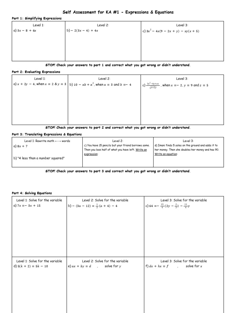 Self Assessment: Expressions & Equations | PDF | Mathematics | Equations