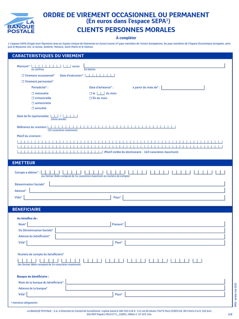 Formulaire Ordre Virement Permanent Occasionnel Pmo | PDF