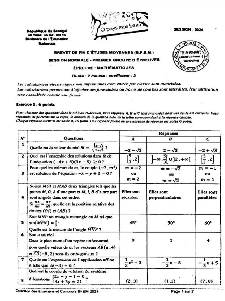 Epreuve Et Corrige Bfem 2024 Mathematiques 1er Groupe | PDF Epreuve Et Corrige Bfem 2024 Mathematiques 1er Groupe | PDF